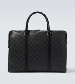 Gucci Monogram Leather Trimmed Briefcase - Black