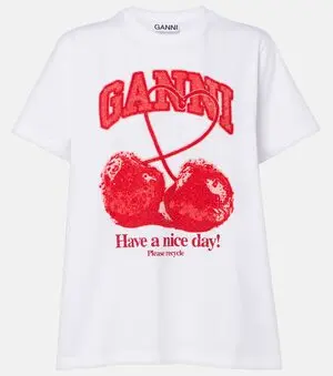 GANNI Logo Embellished Cotton T-shirt - White