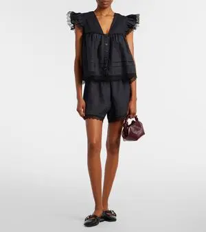 GANNI Lace-trimmed Linen Shorts - Black