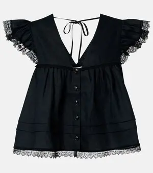 GANNI Lace-trimmed Linen Top - Black