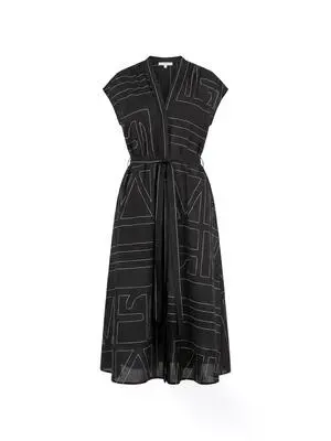 MEIMEIJ Geometric Print Belted Midi Dress - Black