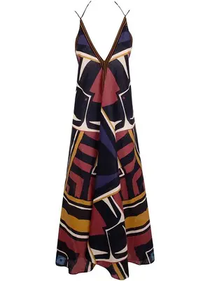 VOLANTIS Multicolor Linen Deep Plunge Maxi Dress