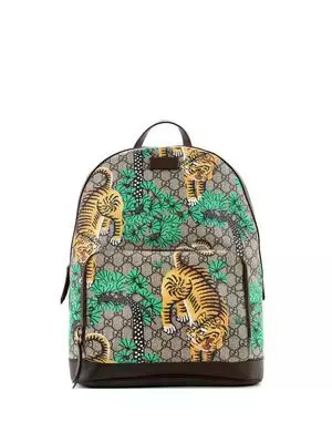 Gucci Bengal Print Gg Coated Canvas Backpack With Zip Pocket - Brown