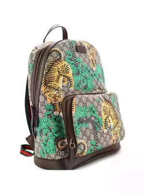 Gucci Bengal Print Gg Coated Canvas Backpack With Zip Pocket - Brown