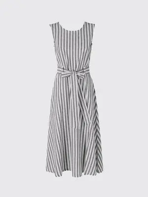 Barbour Striped Midi Dress With Belted Waist - Navy