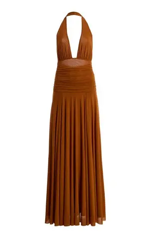 Staud Alessandra Pleated Halterneck Maxi Dress - Brown