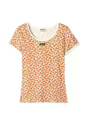 Miu Miu Ribbed Knit Cotton T-shirt With Floral Print