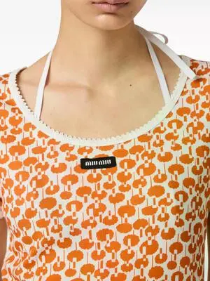 Miu Miu Ribbed Knit Cotton T-shirt With Floral Print