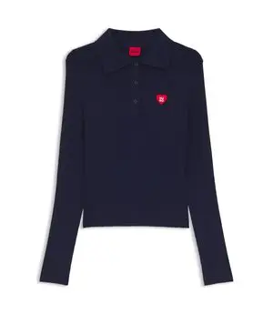 Hugo Ribbed Crepe Polo Sweater With Heart Badge - Blue