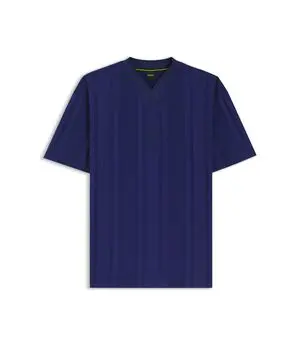 BOSS Textured-stripe T-shirt In Cotton - Blue
