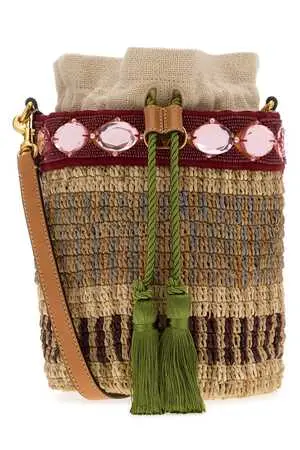 VALENTINO VALENTINO GARAVANI Embroidered Raffia VLogo Signature Bucket Bag