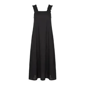 Adrift Clothing Claire Maxi Linen Dress With Frilled Straps - Black