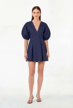 NICHOLAS Josefa Dress With V-neck And Puff Sleeves - Midnight