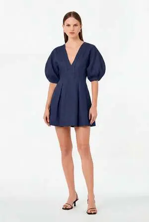 NICHOLAS Josefa Dress With V-neck And Puff Sleeves - Midnight