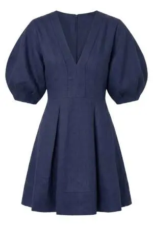 NICHOLAS Josefa Dress With V-neck And Puff Sleeves - Midnight