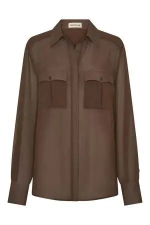 NICHOLAS Chloe Sheer Button-up Shirt With Dual Pockets - Espresso