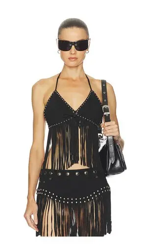 ONETEASPOON Rebel Rider Fringed Studded Suede Cami Top - Black