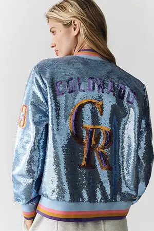 THE WILD COLLECTIVE Sequined Bomber Jacket - Light Blue