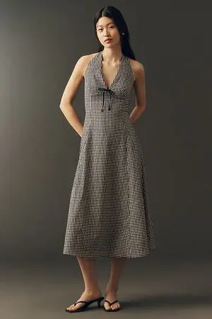 ELODIE Cotton V-neck Halter Midi Dress With Tie Front - Black Gingham
