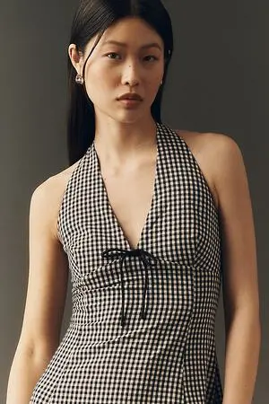 ELODIE Cotton V-neck Halter Midi Dress With Tie Front