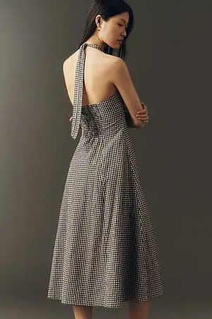 ELODIE Cotton V-neck Halter Midi Dress With Tie Front