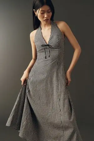 ELODIE Cotton V-neck Halter Midi Dress With Tie Front