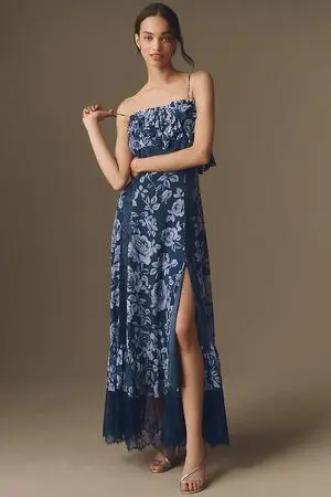 Bhldn Ruffle Lace-trim Maxi Dress - Blue Floral