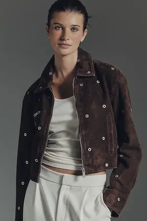 Avec Les Filles Studded Suede Moto Jacket - Chocolate