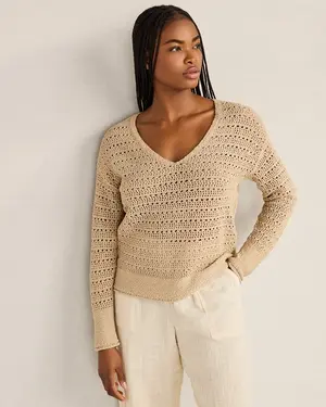 HAVEN WELL WITHIN Textured Cotton V-neck Sweater - Farro
