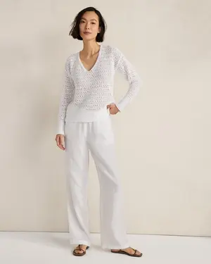 HAVEN WELL WITHIN Textured Cotton V-neck Sweater - White