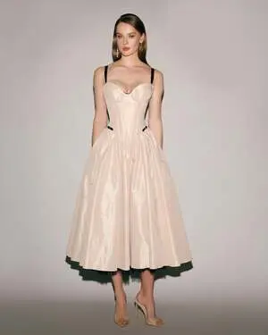 MILLA Corset Midi Dress In Italian Taffeta With Contrast Details - Beige