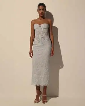 MILLA Beaded Lace Corset Midi Dress
