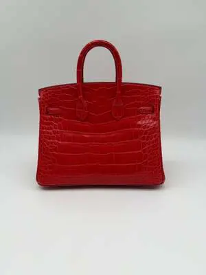 Hermès Birkin 25cm Geranium Matte Alligator With Palladium Hardware - Red