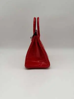 Hermès Birkin 25cm Geranium Matte Alligator With Palladium Hardware - Red