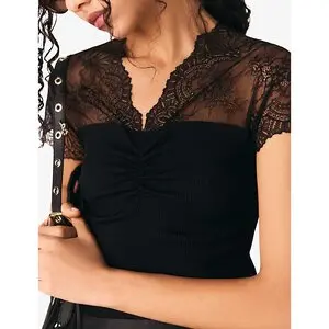 Maje V-neck Lace-trim Stretch-jersey Top