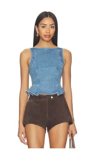 Free People Sunfaded Denim Peplum Top
