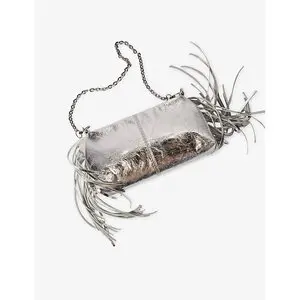Maje Leather Clutch Bag With Chain Strap And Tassels - Silvery