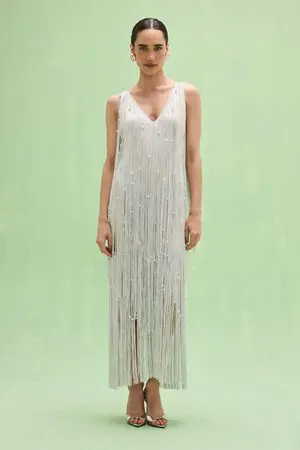 PatBO Aurea Crochet Maxi Dress With Fringe And Pearls