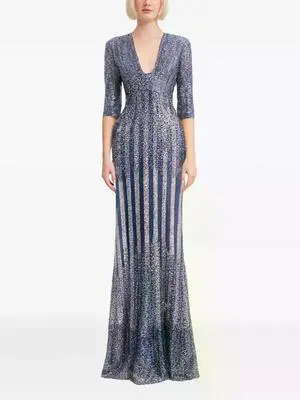 GEMY MAALOUF Sequined Striped V-neck Floor-length Gown