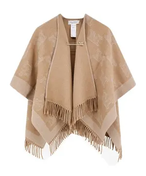 Max Mara All-over Logo Patterned Fringed Cape - Camel
