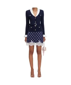 SELF-PORTRAIT Ribbed Knit Cardigan With Contrast Collar And Pearl Belt - Navy