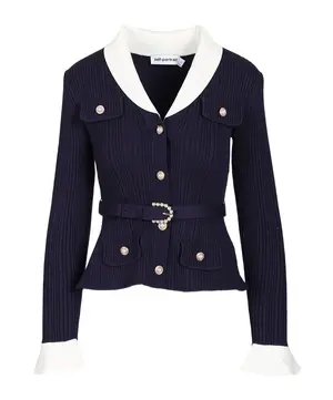 SELF-PORTRAIT Ribbed Knit Cardigan With Contrast Collar And Pearl Belt - Navy