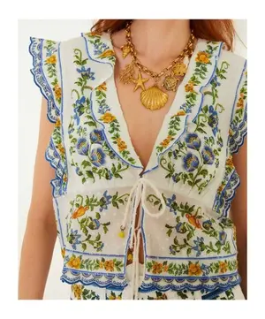 Farm Rio Floral Ruffled V-neck Top - Off White