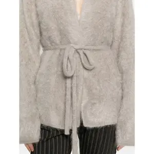 Soft Goat V-neck Long-sleeved Cardigan With Waist Tie