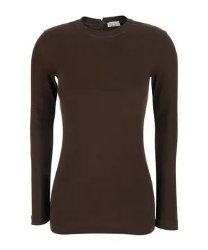 Brunello Cucinelli Embellished Ribbed Long Sleeve Jumper - Brown