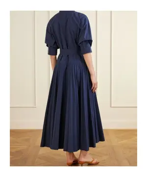 Simkhai Arlo Belted Pleated Cotton-blend Midi Dress - Navy