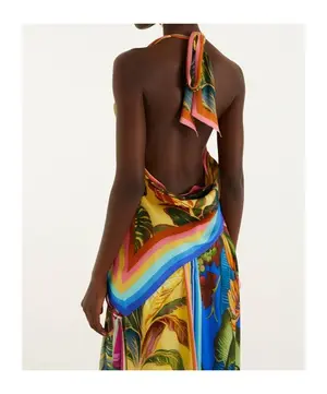 Farm Rio Sleeveless Tropical Print Top With Rainbow Stripes And Open Back