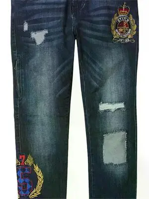 STAPLE Distressed Crest-embroidered Jeans - Blue