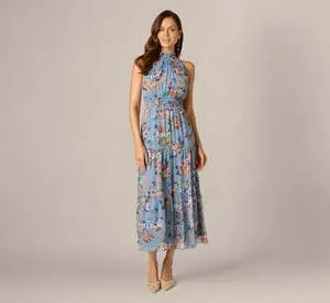 Adrianna Papell Floral Meta Chiffon Tiered Halter Midi Dress - Blue Multi