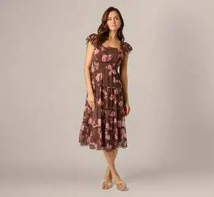 Adrianna Papell Flutter Sleeve Floral Metallic Chiffon Midi Dress - Brown Multi